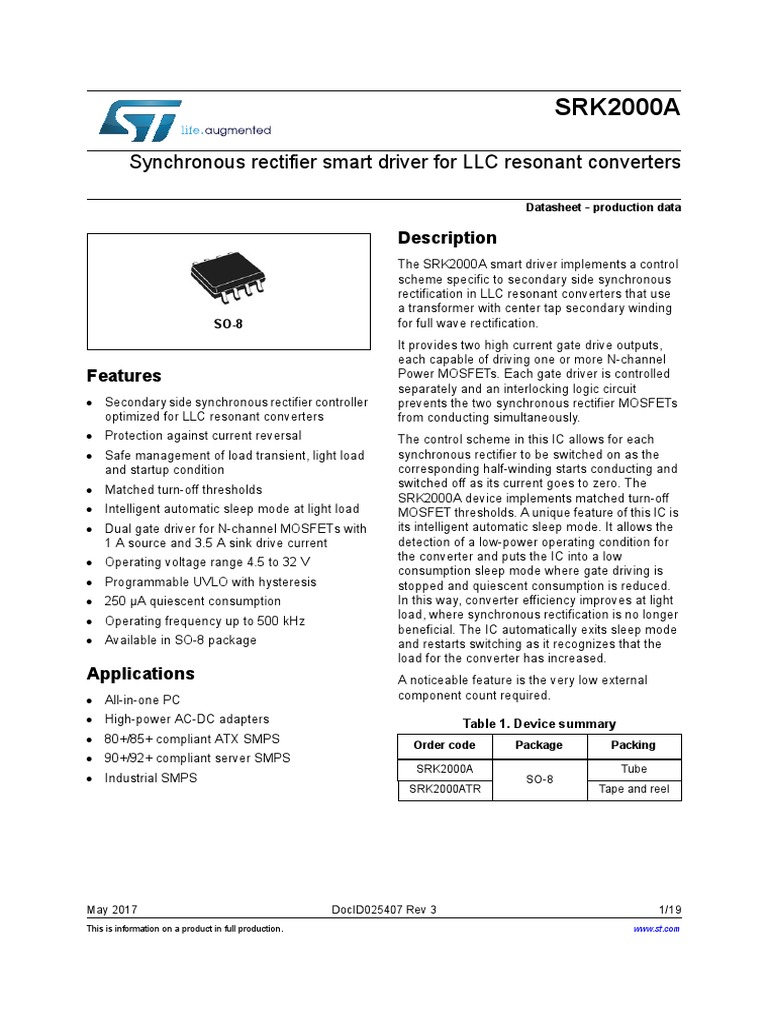 SRK2000A: Synchronous Rectifier Smart Driver For LLC Resonant ...