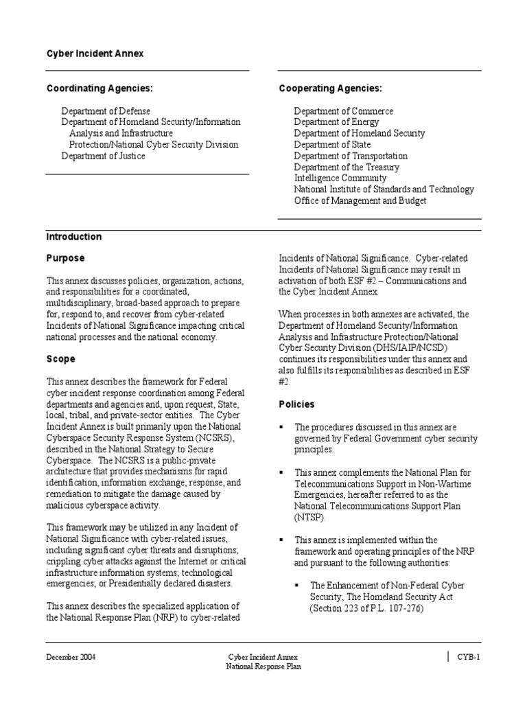 Cyber Incident Annex (2004) | PDF | Security | Computer Security