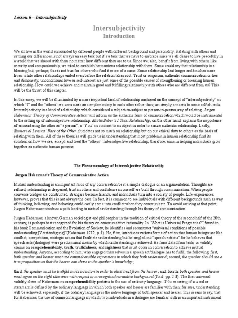 Lesson 6 - Intersubjectivity | PDF | Philosophical Theories | Metaphysics