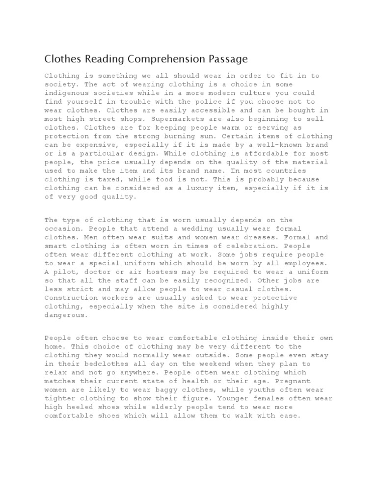 Clothes Reading Comprehension Passage | PDF | Clothing | Consumer Goods
