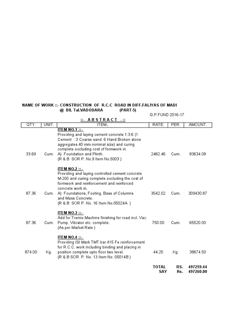 R.c.c.road Estimate | PDF | Concrete | Building