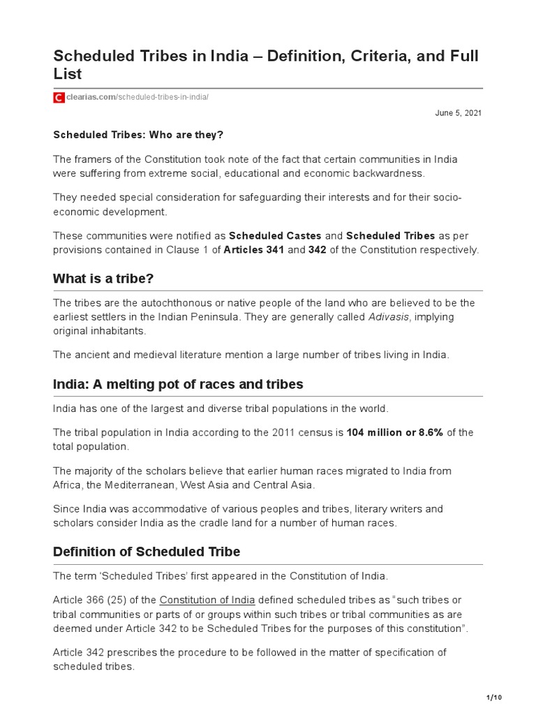 Scheduled Tribes in India Definition Criteria and Full List | PDF ...