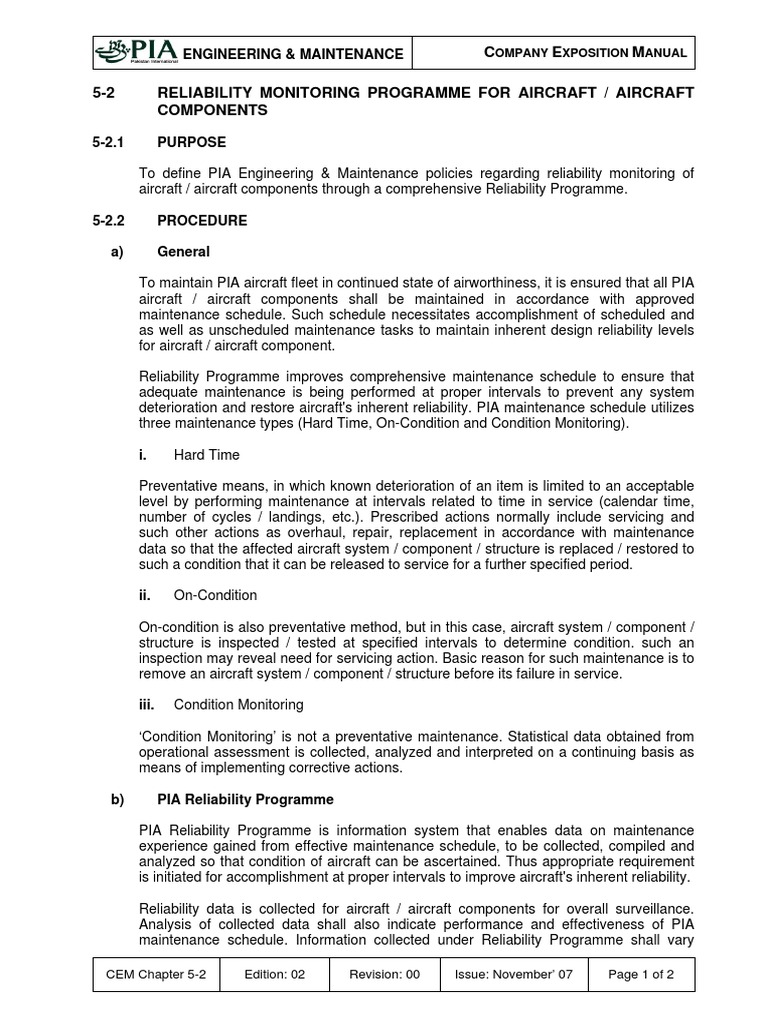 C E M 5-2 Reliability Monitoring Programme For Aircraft / Aircraft ...