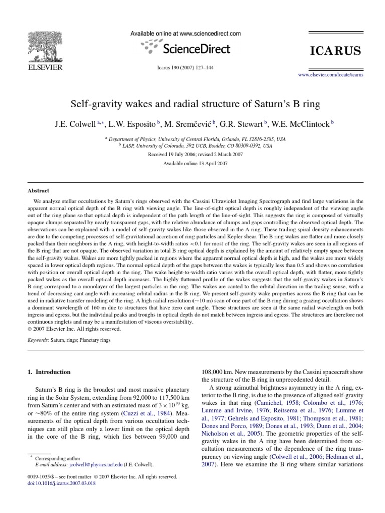 Self-Gravity Wakes and Radial Structure of Saturn's B Ring | PDF ...