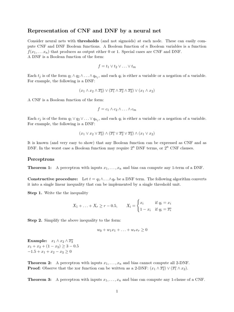 Representation of CNF and DNF by A Neural Net: Perceptrons | PDF | Artificial Neural Network ...