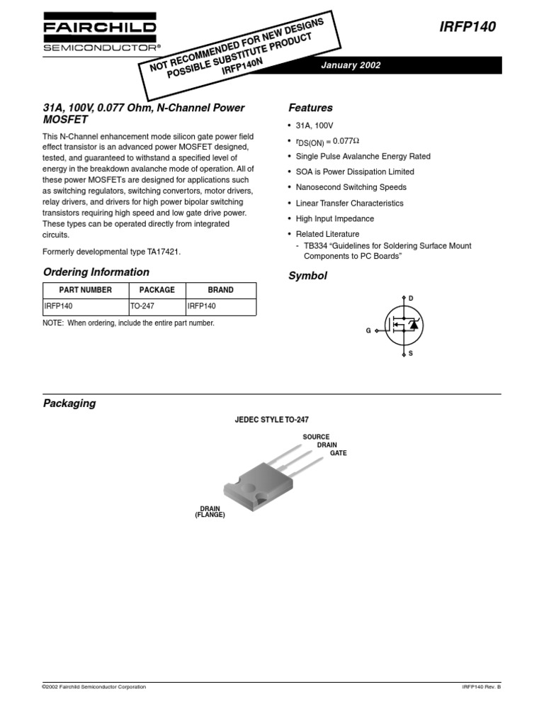 IRFP140: 31A, 100V, 0.077 Ohm, N-Channel Power Mosfet Features | PDF ...