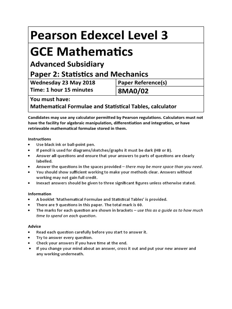 Pearson Edexcel Level 3 GCE Mathematics: Advanced Subsidiary Paper 2 ...