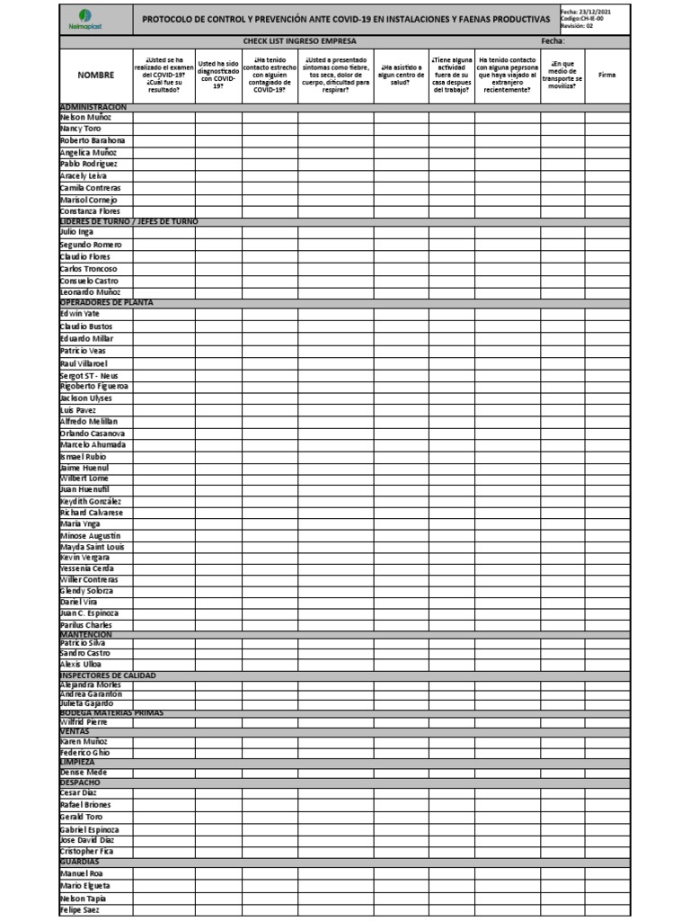 Check List de Ingreso A Planta 3.0 Personal Interno | PDF