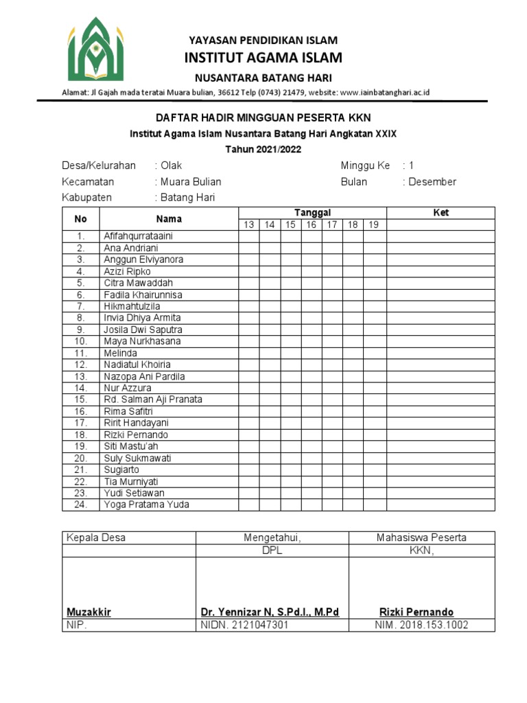 Daftar Hadir Peserta KKN 2021/2022 | PDF