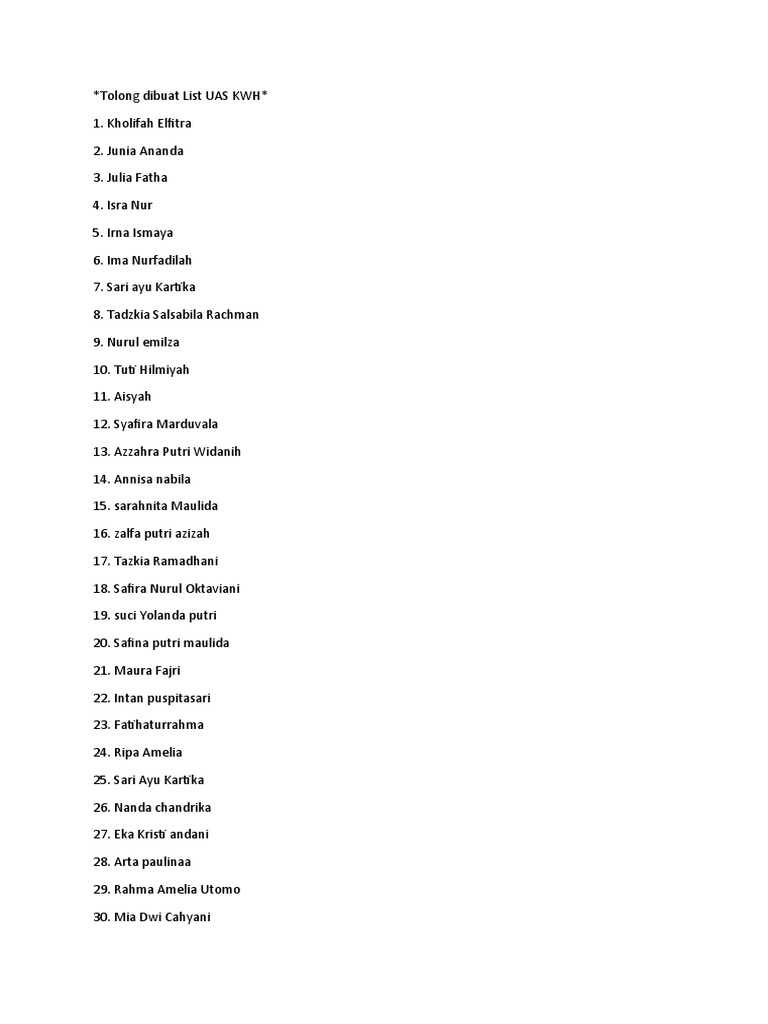 Daftar Peserta UAS KWH | PDF | Perjalanan | Griya & Taman