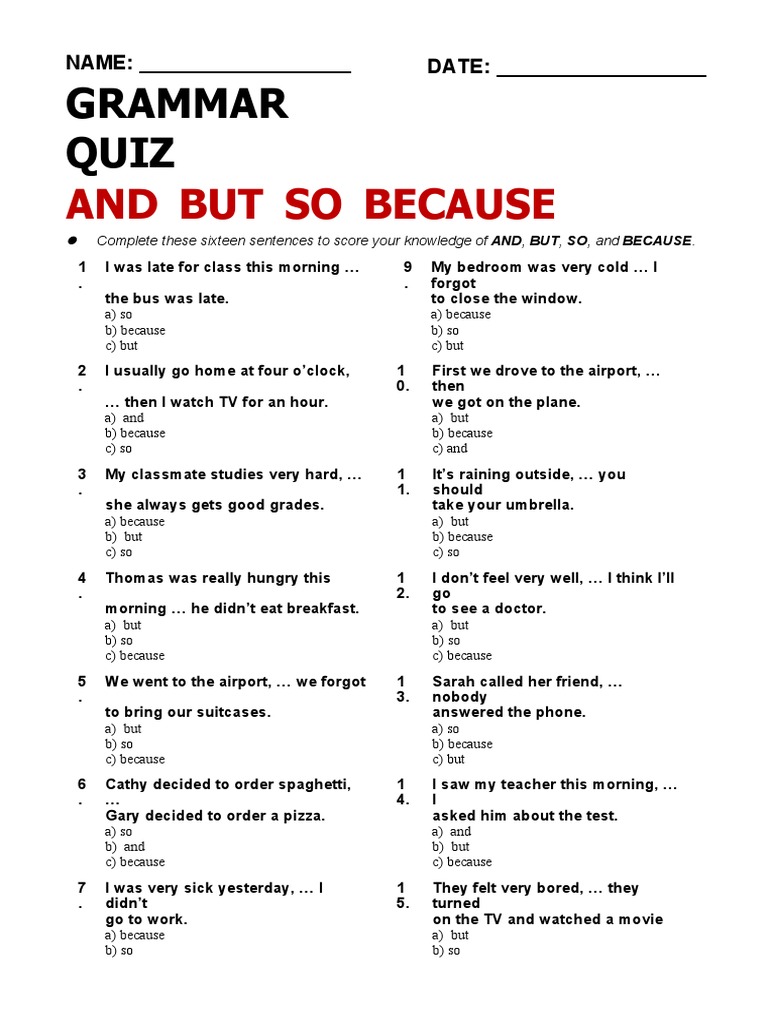 Conjunctions: And, But, So, Because Quiz | PDF