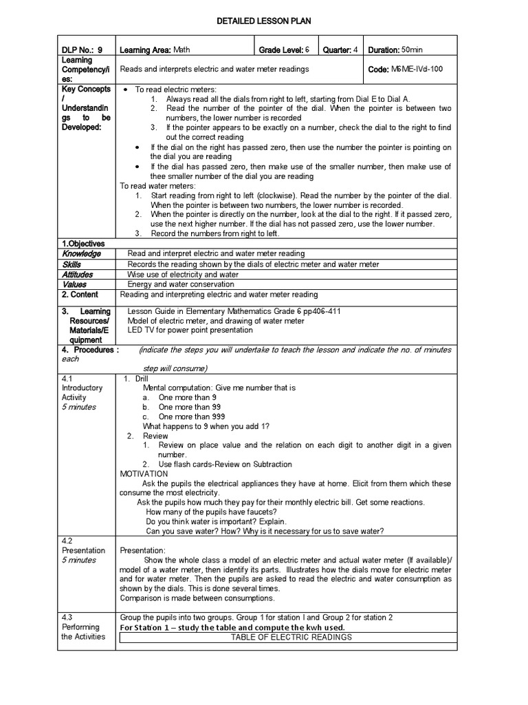 Meter Reading Lesson Plan for Grade 6 | PDF | Water | Cognition