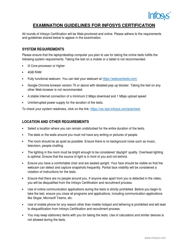 Examination Guidelines For Infosys Certification: System Requirements ...