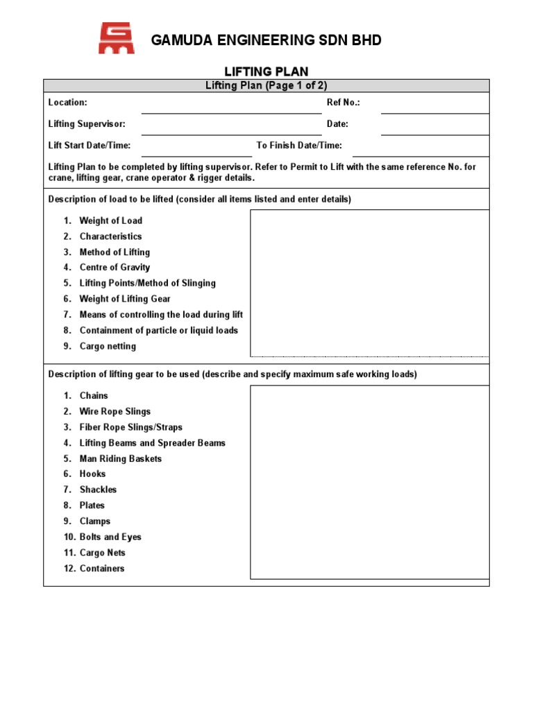 Lifting Plan Template for Operations | PDF | Crane (Machine) | Equipment