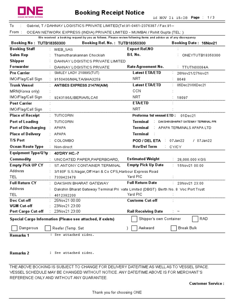 Booking Receipt Notice | PDF | Cargo | Bill Of Lading