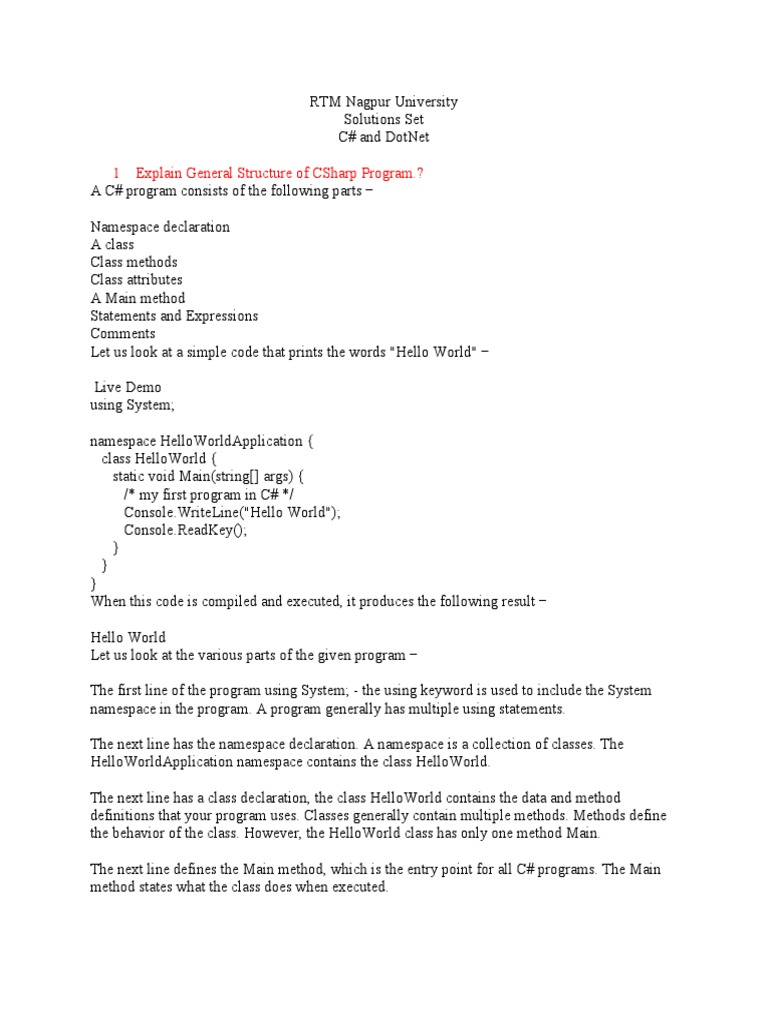 1 Explain General Structure of Csharp Program.? | PDF | Inheritance (Object Oriented Programming ...