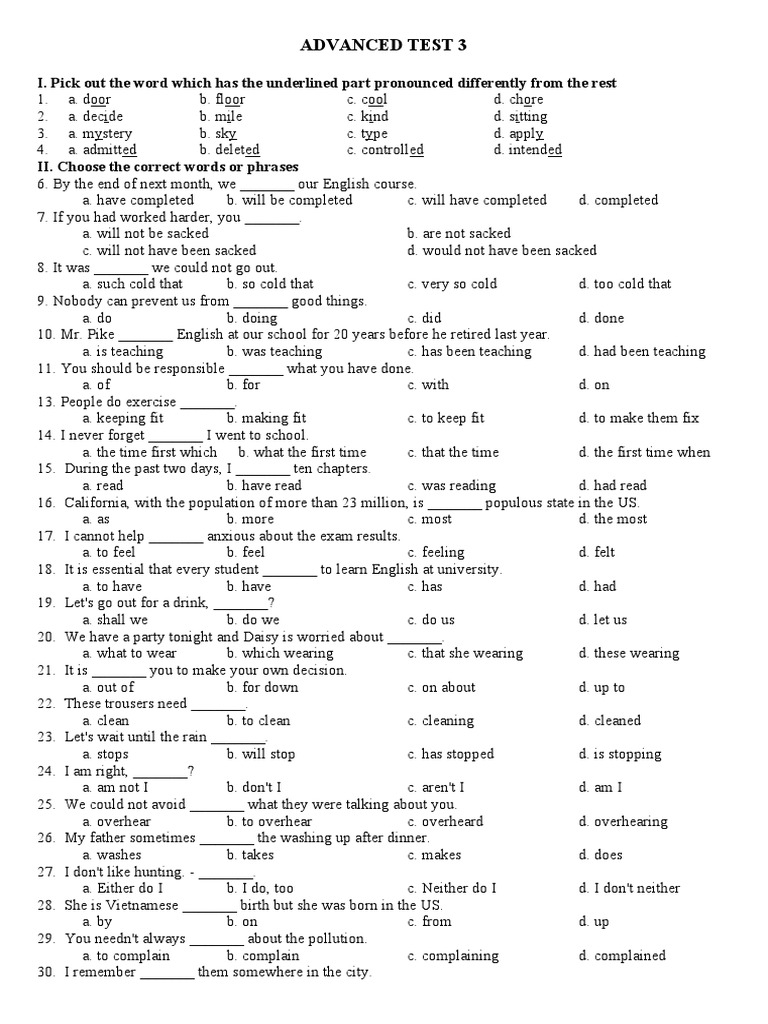 Advanced Test 3: I. Pick Out The Word Which Has The Underlined Part ...
