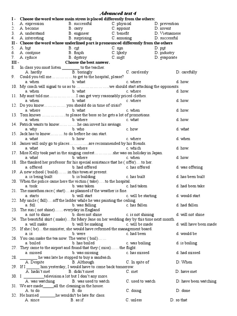 Advanced Test 4: I - Choose The Word Whose Main Stress Is Placed ...