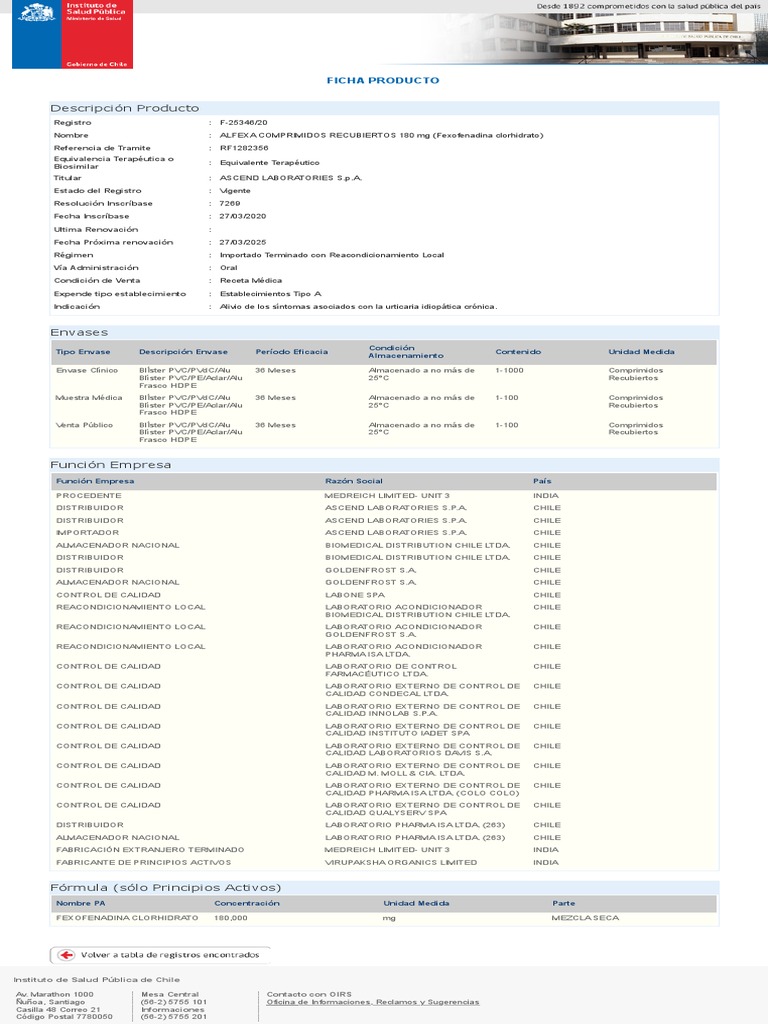 Alfexa 180 MG Ficha Productos Registrados | PDF | Drogas | Cuidado de ...