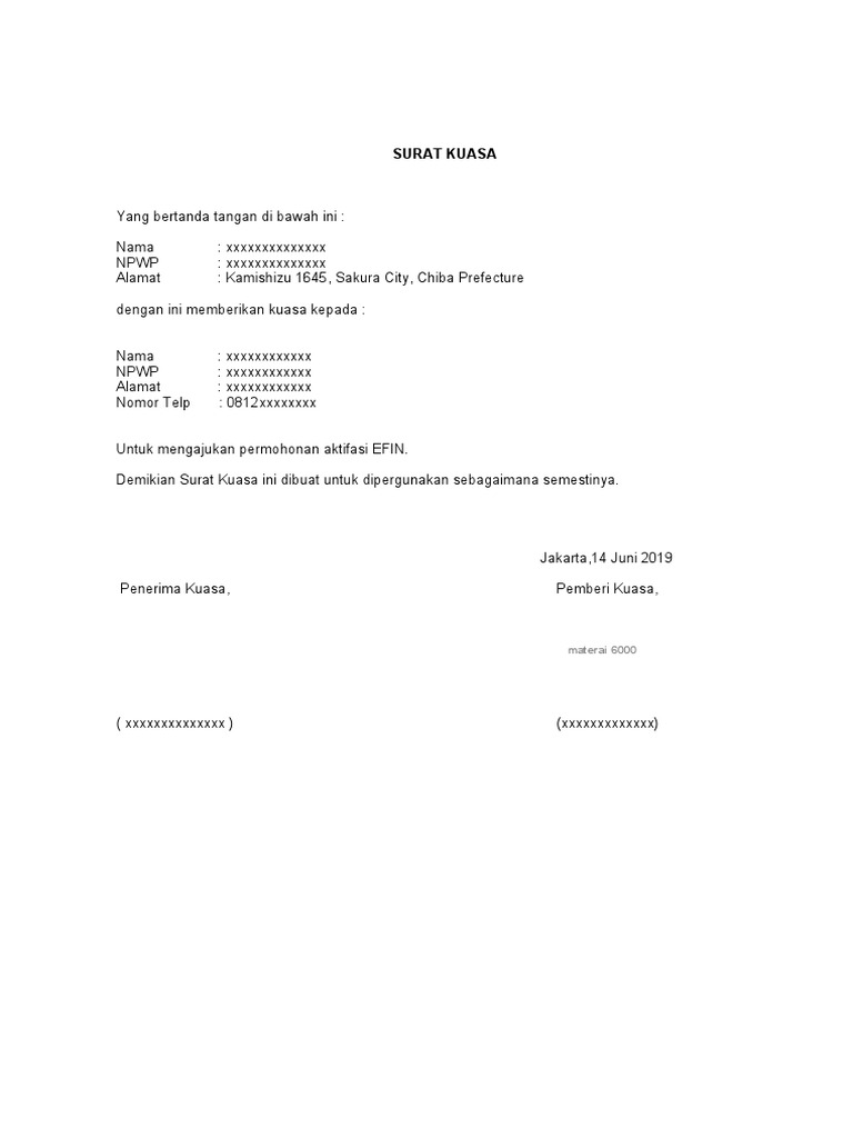 Contoh Surat Kuasa Pengajuan EFIN | PDF