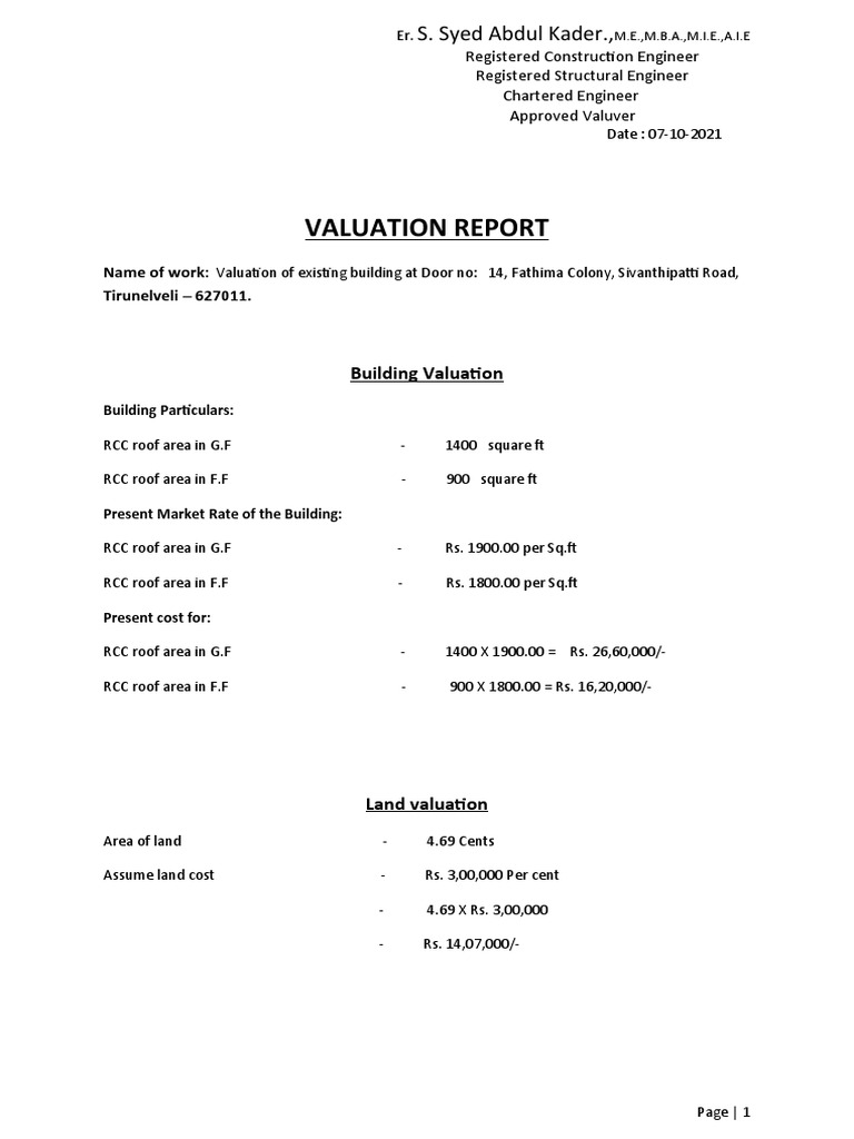 Valuation Report: S. Syed Abdul Kader. | PDF