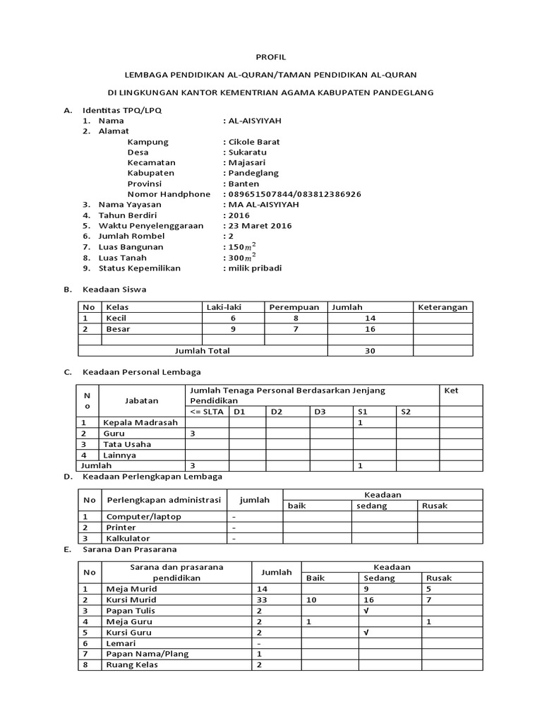 Data TPQ Al-Aisyiyah Tahun 2021 | PDF