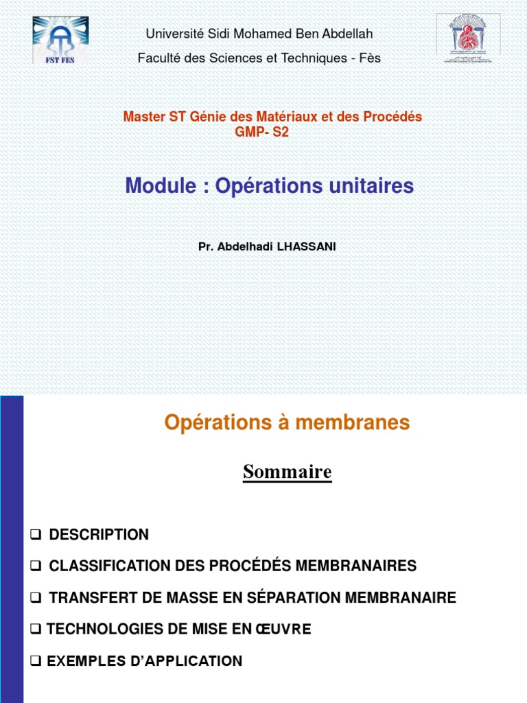 Cours GMP Operations Unitaires PR Lhassani | PDF | Membrane | Osmose