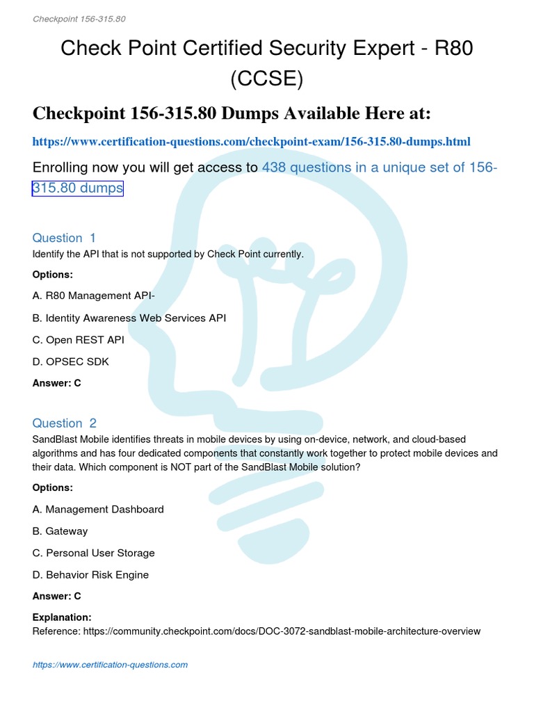 Check Point Certified Security Expert - R80 (CCSE) : Checkpoint 156-315.80 Dumps Available Here ...
