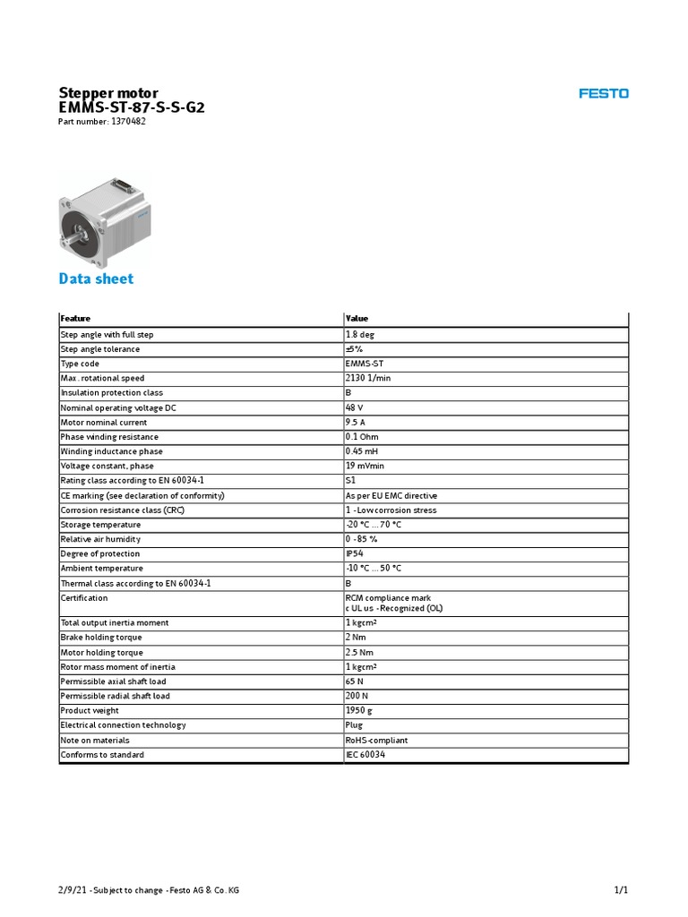 Stepper Motor EMMS-ST-87-S-S-G2: Data Sheet | PDF | Science ...