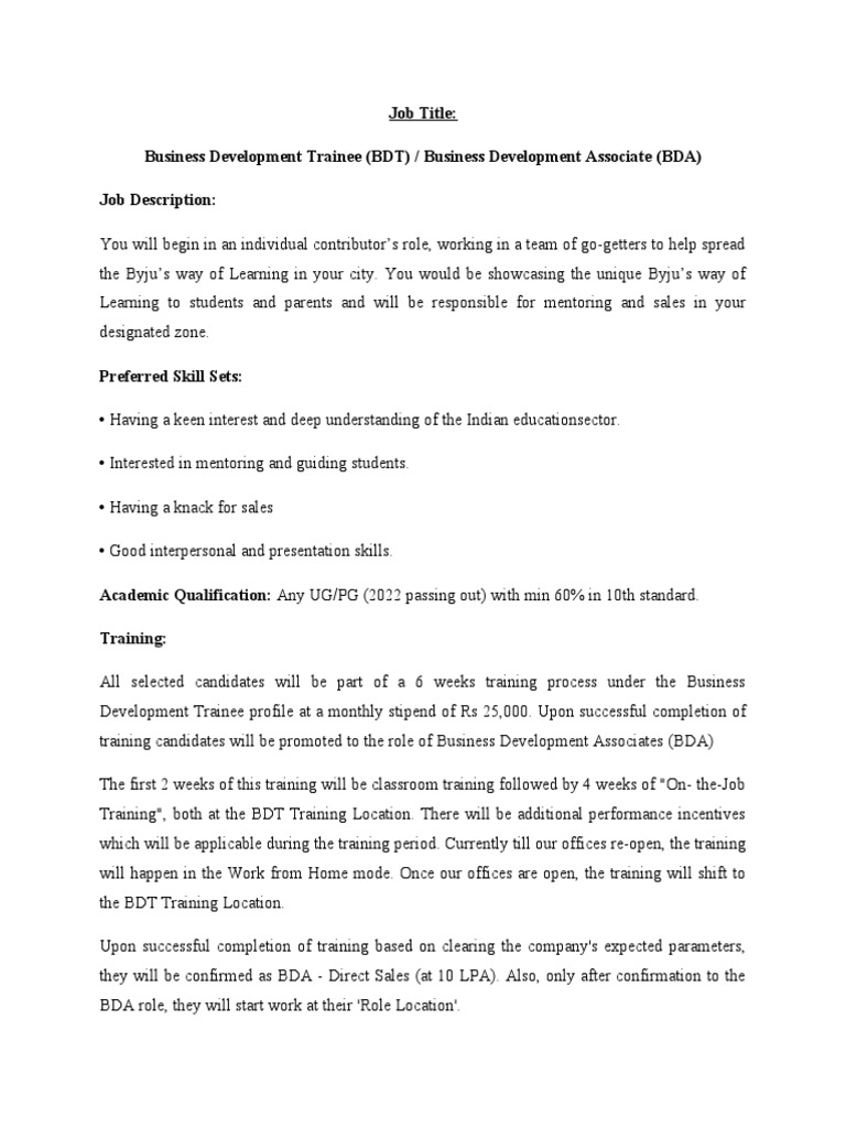 Job Title: Business Development Trainee (BDT) / Business Development ...