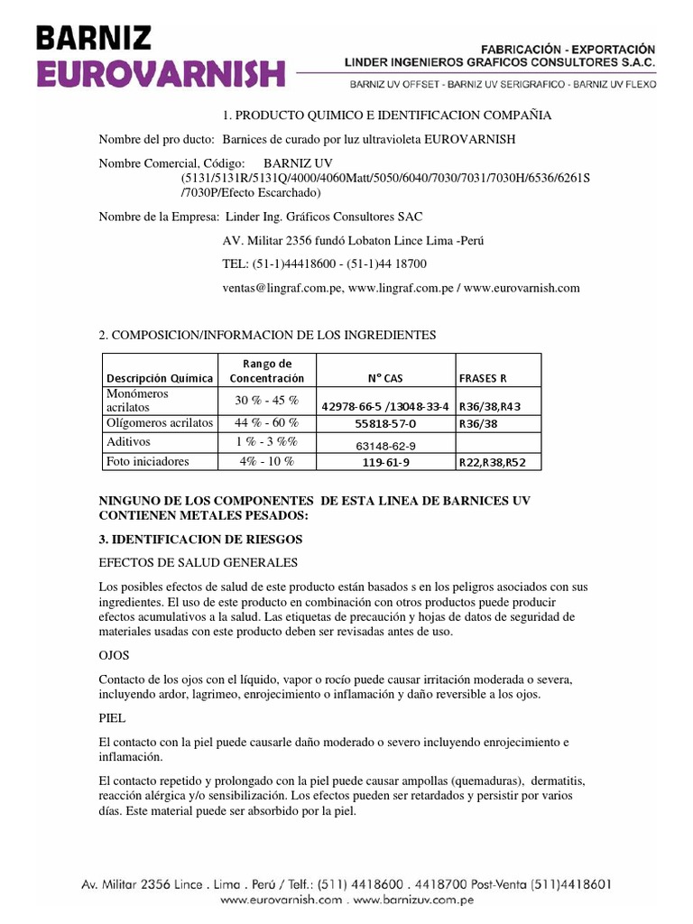 MSDS Barniz Uv | PDF | Agua | Ultravioleta