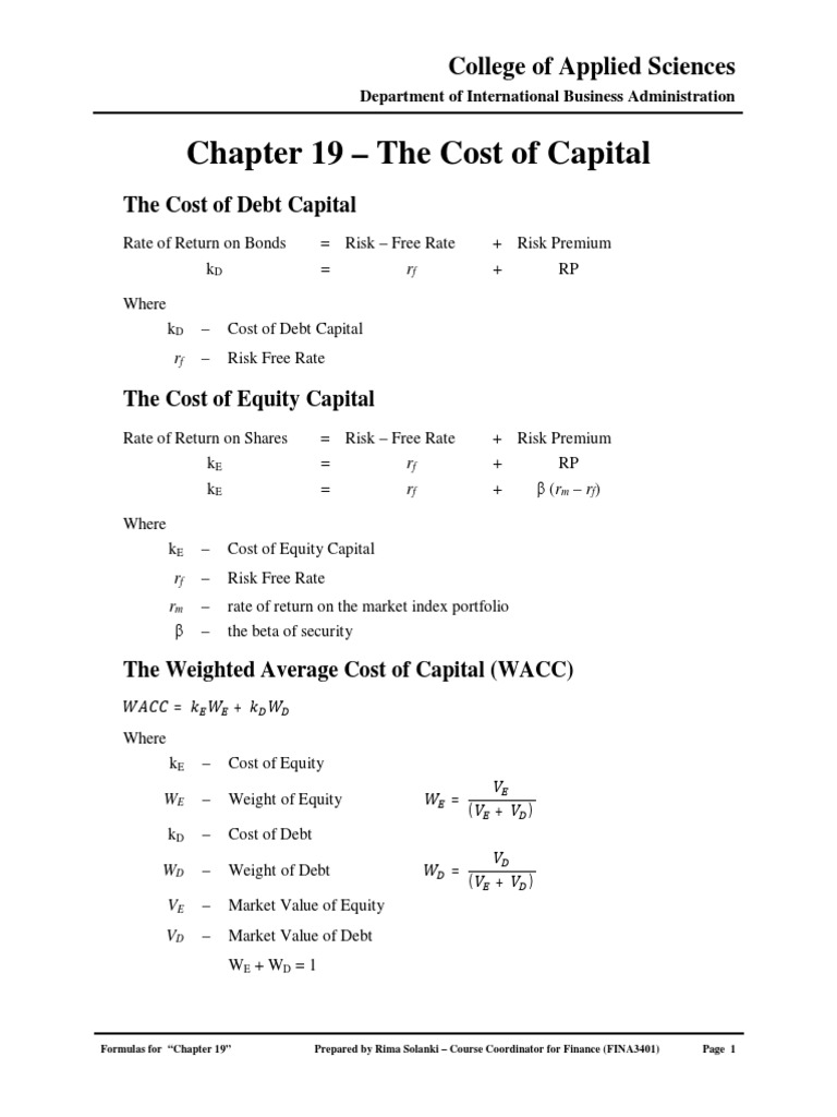 Formulas For Chapter 19 | PDF | Cost Of Capital | Capital Asset Pricing ...