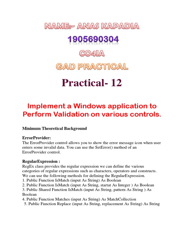 Practical-12: Implement A Windows Application To Perform Validation On ...