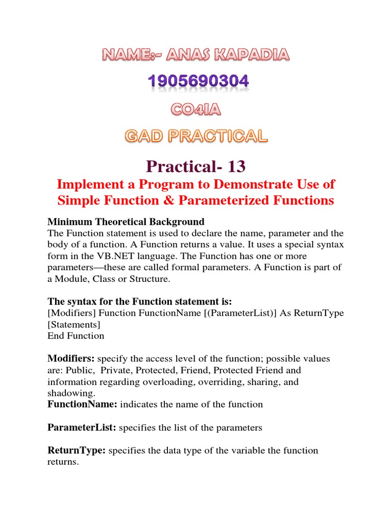 Practical-13: Implement A Program To Demonstrate Use of Simple Function & Parameterized ...