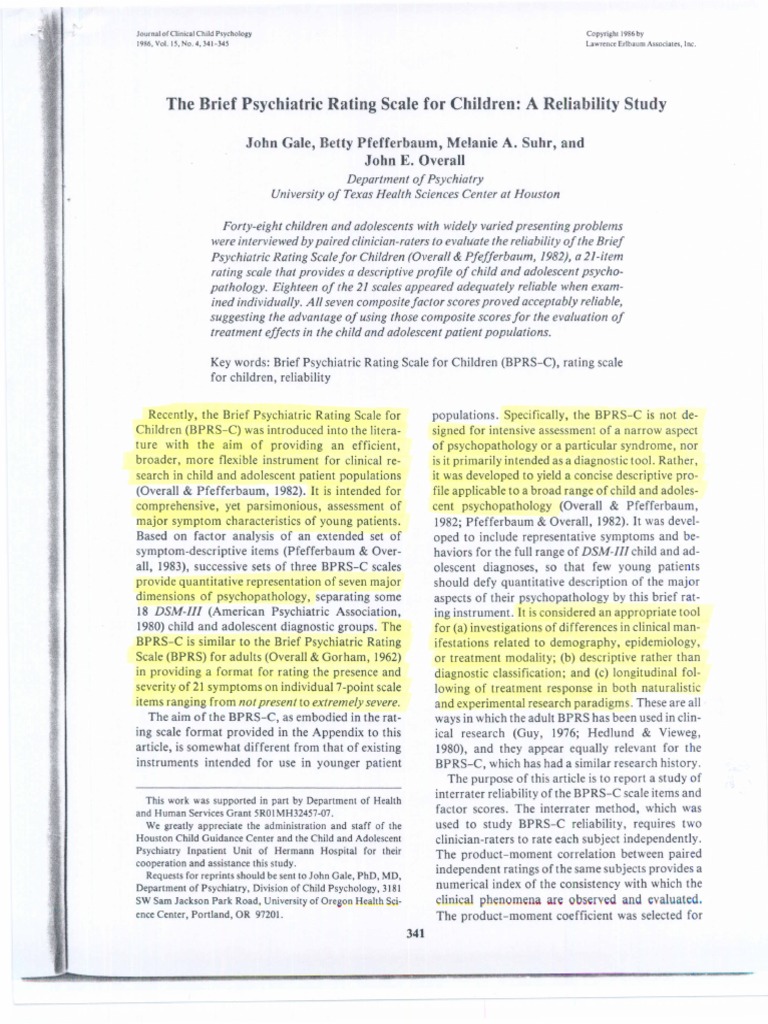Brief Psychiatric Rating Scale For Children (1986) | PDF