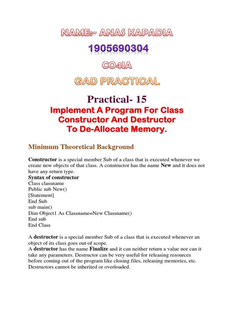 Practical 15 Implement A Program For Class Constructor And Destructor To De Allocate Memory Pdf