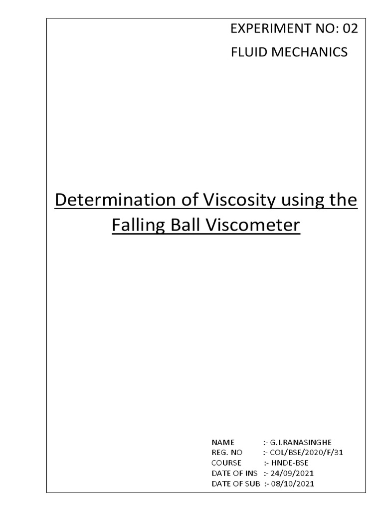 Determination of Viscosity Using The Falling Ball Viscometer | PDF ...