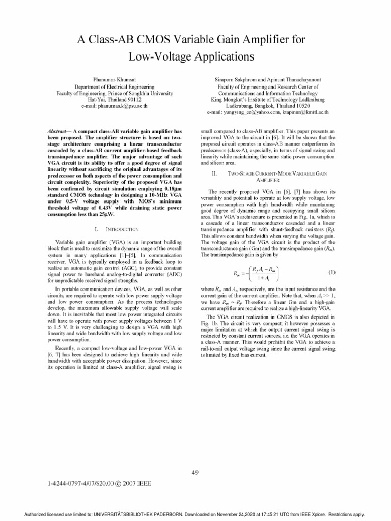A Class-AB CMOS Variable Gain Amplifier For Low-Voltage Applications | PDF | Amplifier | Cmos