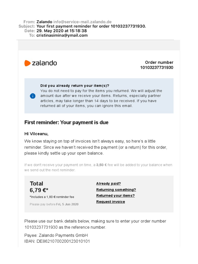 Payment Reminder for Order 10103237731930 | PDF | Payments | Value ...