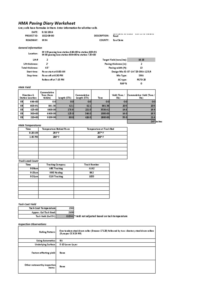 HMA Paving Diary Worksheet: General Information | PDF | Civil ...