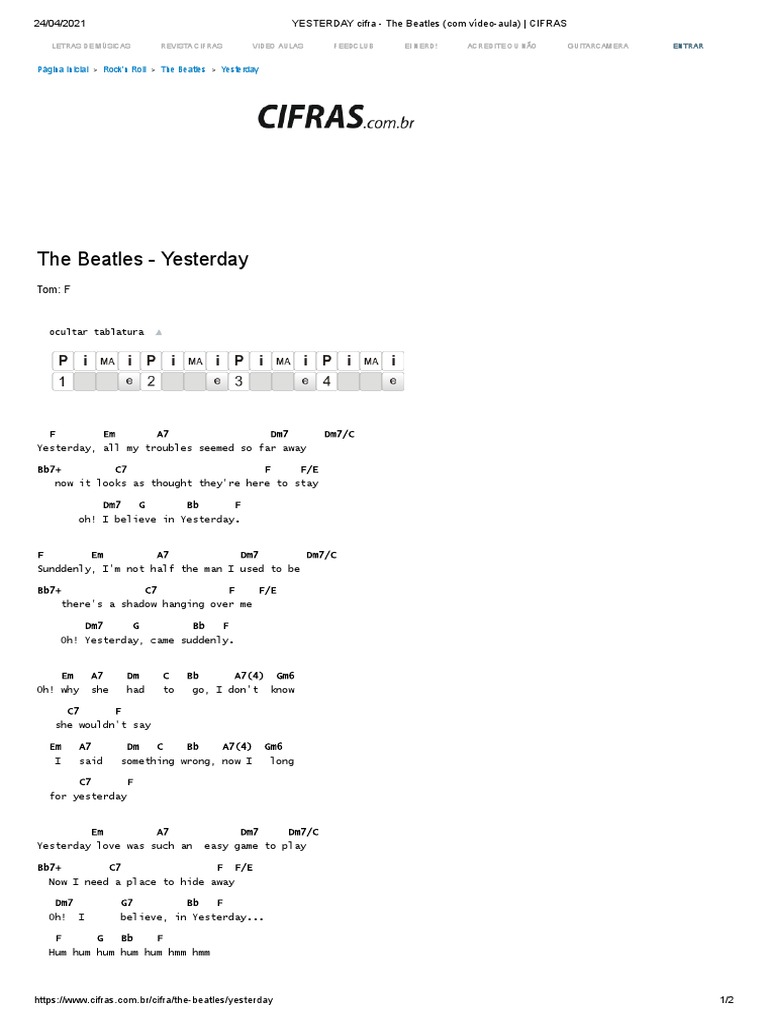 YESTERDAY Cifra - The Beatles (Com Vídeo-Aula) - CIFRAS | PDF | British ...