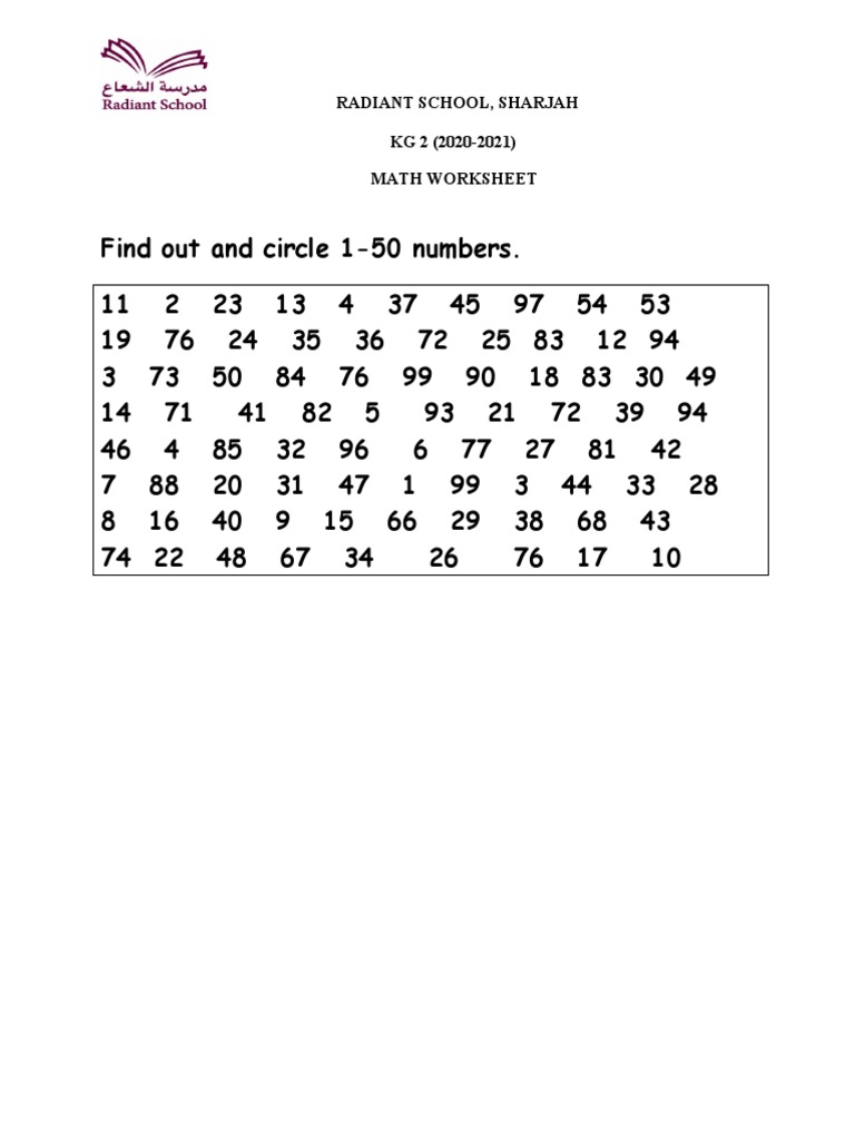 Numbers 1-50 Worksheet | PDF
