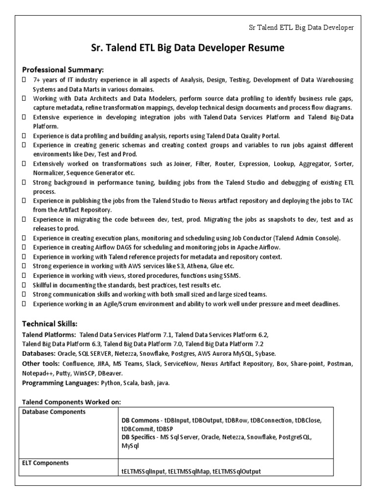 Sr. Talend ETL Big Data Developer Resume: Professional Summary ...