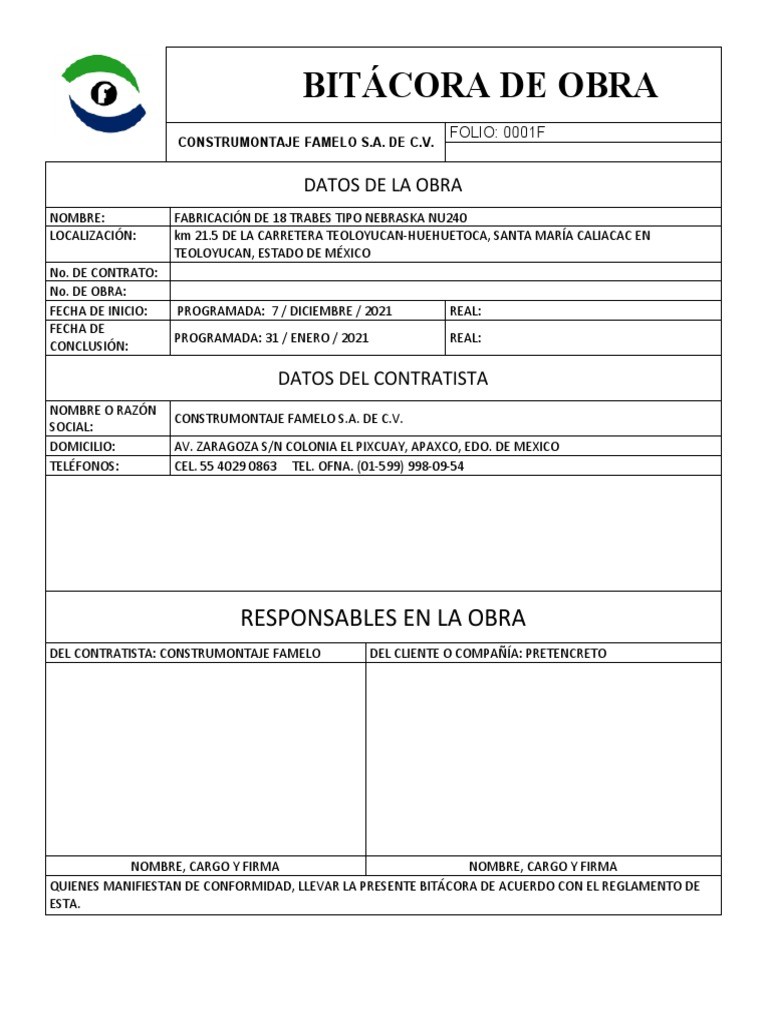 Formato de Bitácora de Obra | PDF