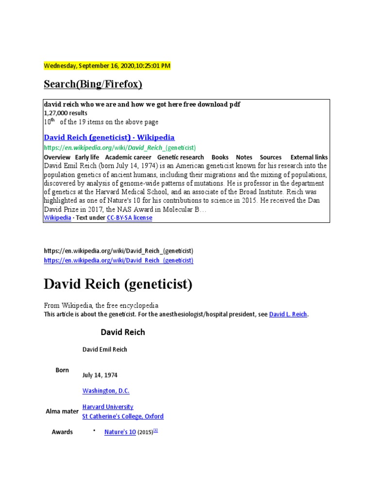 David Reich - Geneticist - Wikipedia | PDF | Genetics | Biology