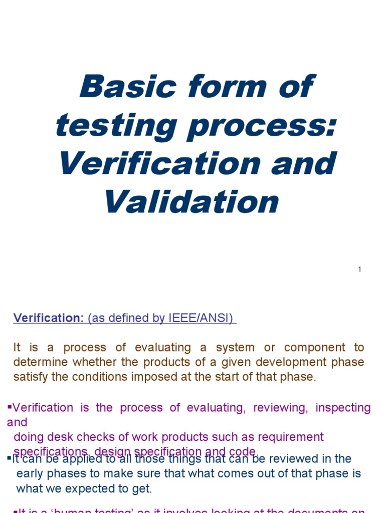 Basic Form of Testing Process: Verification and Validation | PDF ...