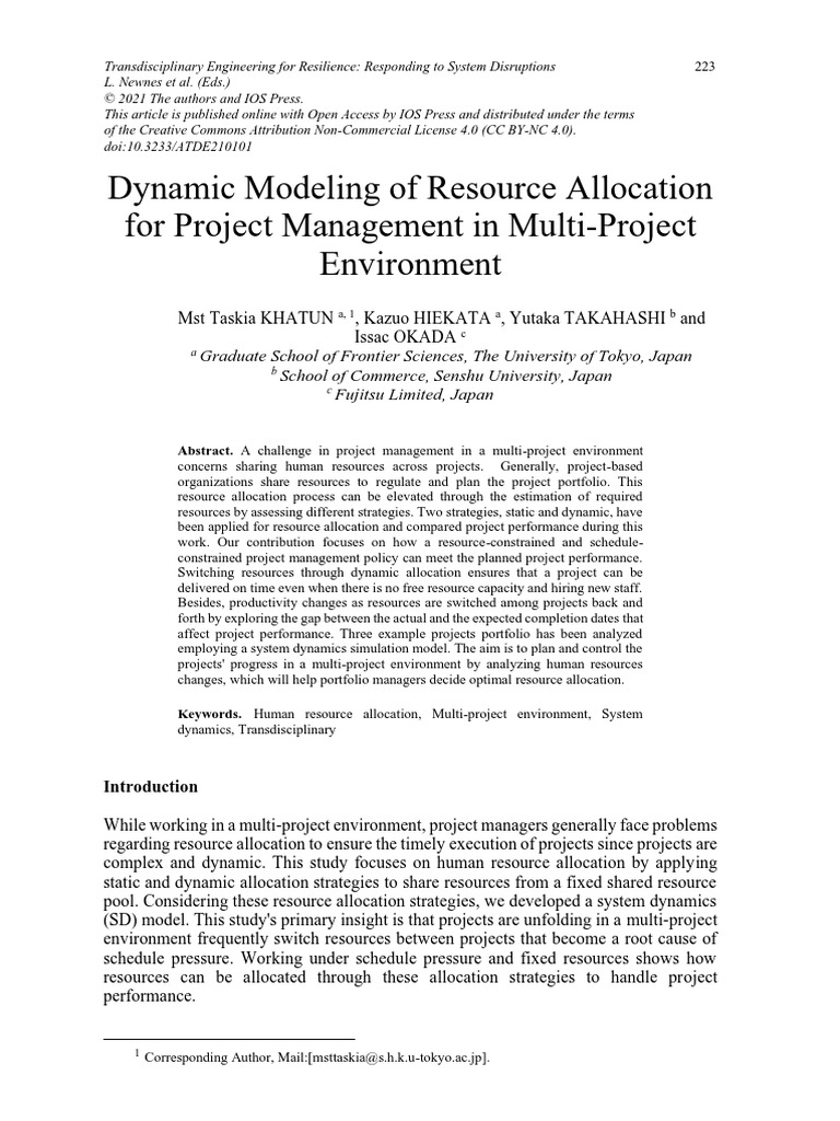 Dynamic Modeling Of Resource Allocation For Project Management In Multi Project Environment