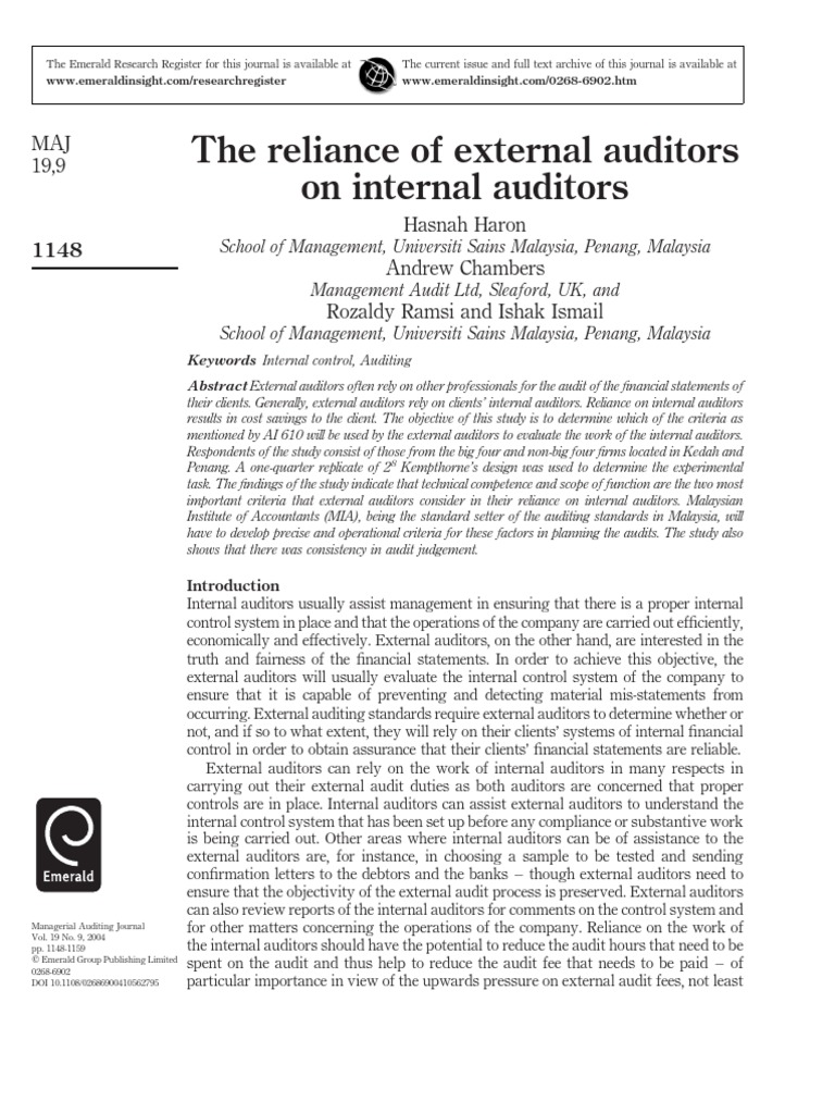 Reliance of External Audit On Internal Audit | PDF | Audit | Internal Audit