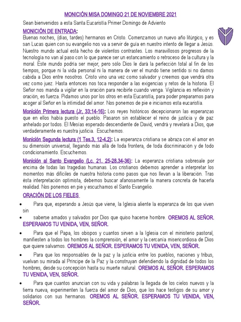 Monición Misa Domingo 28 de Noviembre 2021 | PDF | Misa (liturgia ...