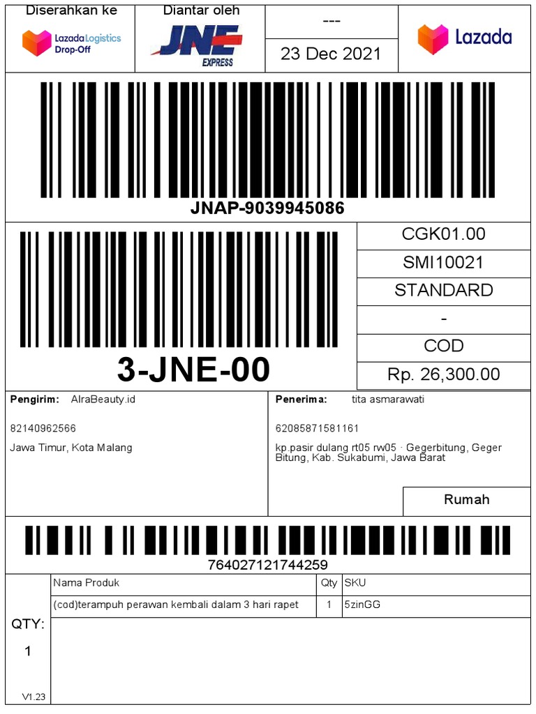 Contoh Resi Pengiriman Lazada | PDF